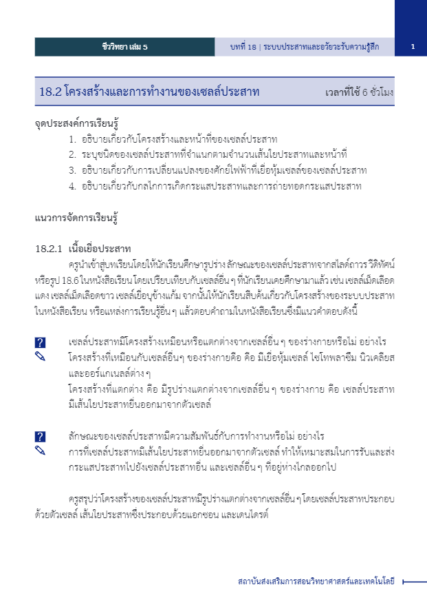 แนวการจัดการเรียนรู้ที่ 18.2 โครงสร้างและการทำงานของเซลล์ประสาท - My IPST